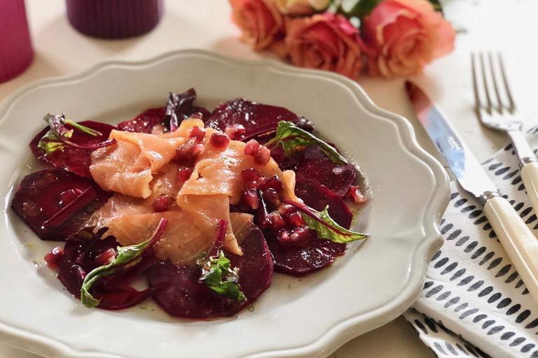 Beet Carpaccio with Smoked Salmon and Pomegranate a Colourful Starter ...